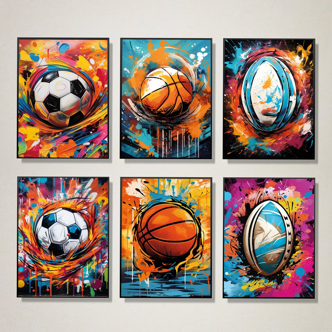 Set of 6 Sport Graffiti Wall Art, Football Decor, Basketball Prints ...
