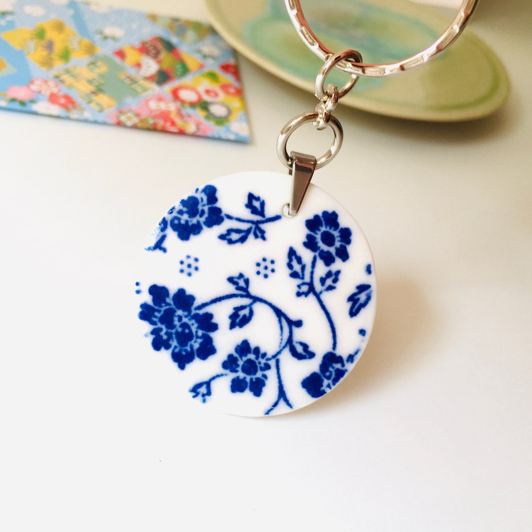 Blue Floral Porcelain Keyring, Handmade Ceramic Art Gift - Etsy