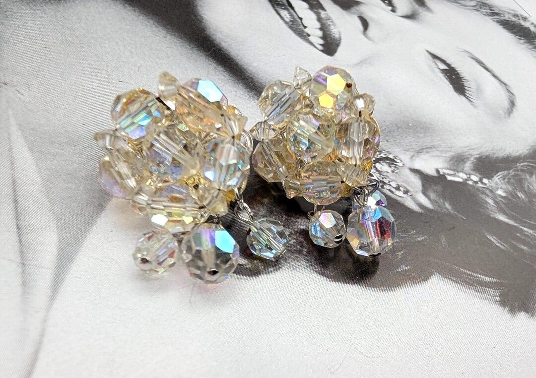 Vintage Aurora Borealis Crystals Drop Clip on Earrings, Crystals ...