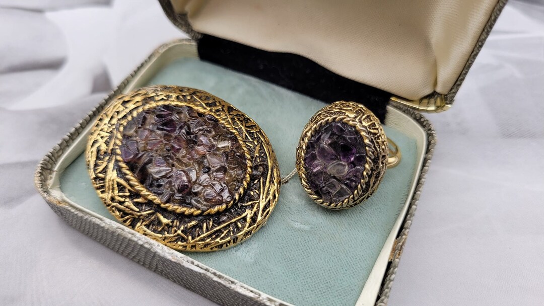 Vintage Basil Smith Purple Agate Brooch and Ring Set - Etsy