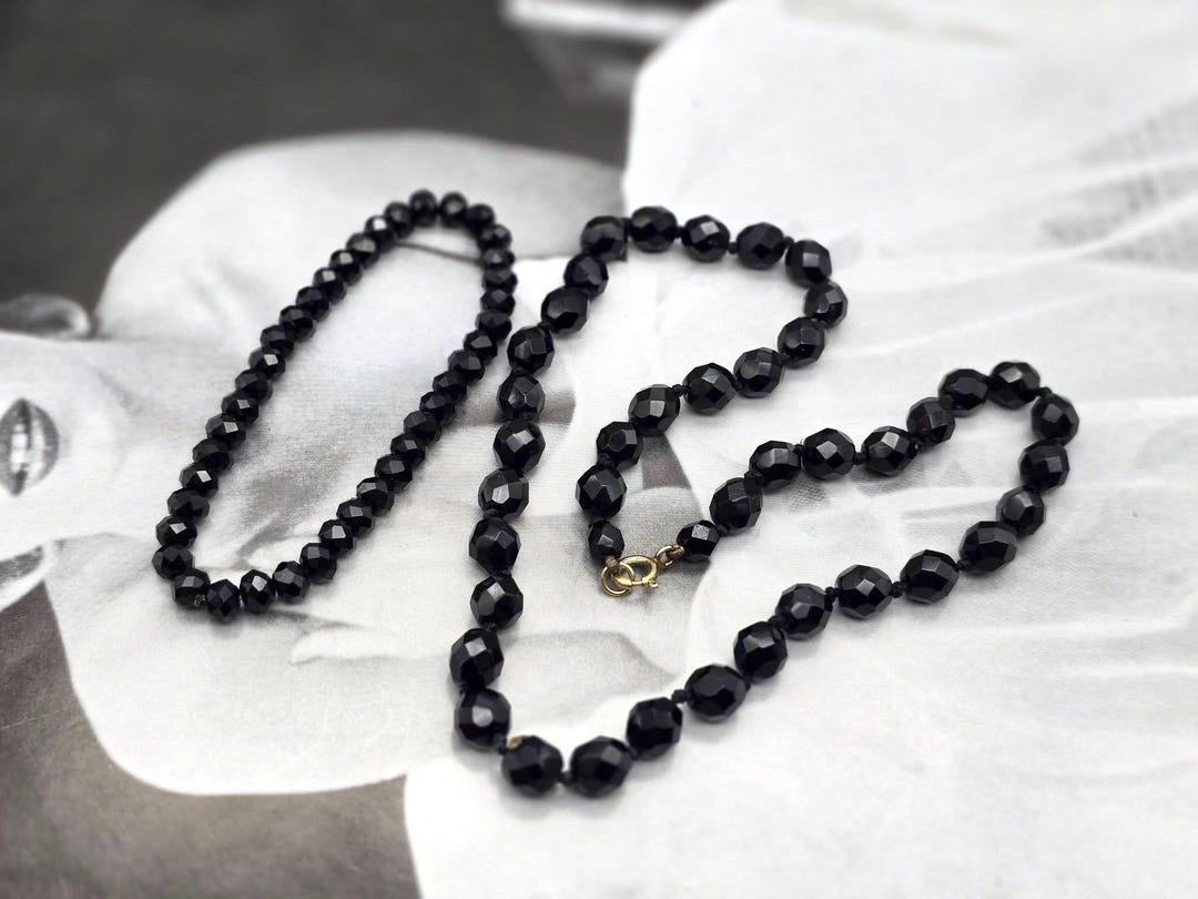 Vintage Black Jet Glass Necklace and Bracelet, Faceted Glass Beads ...