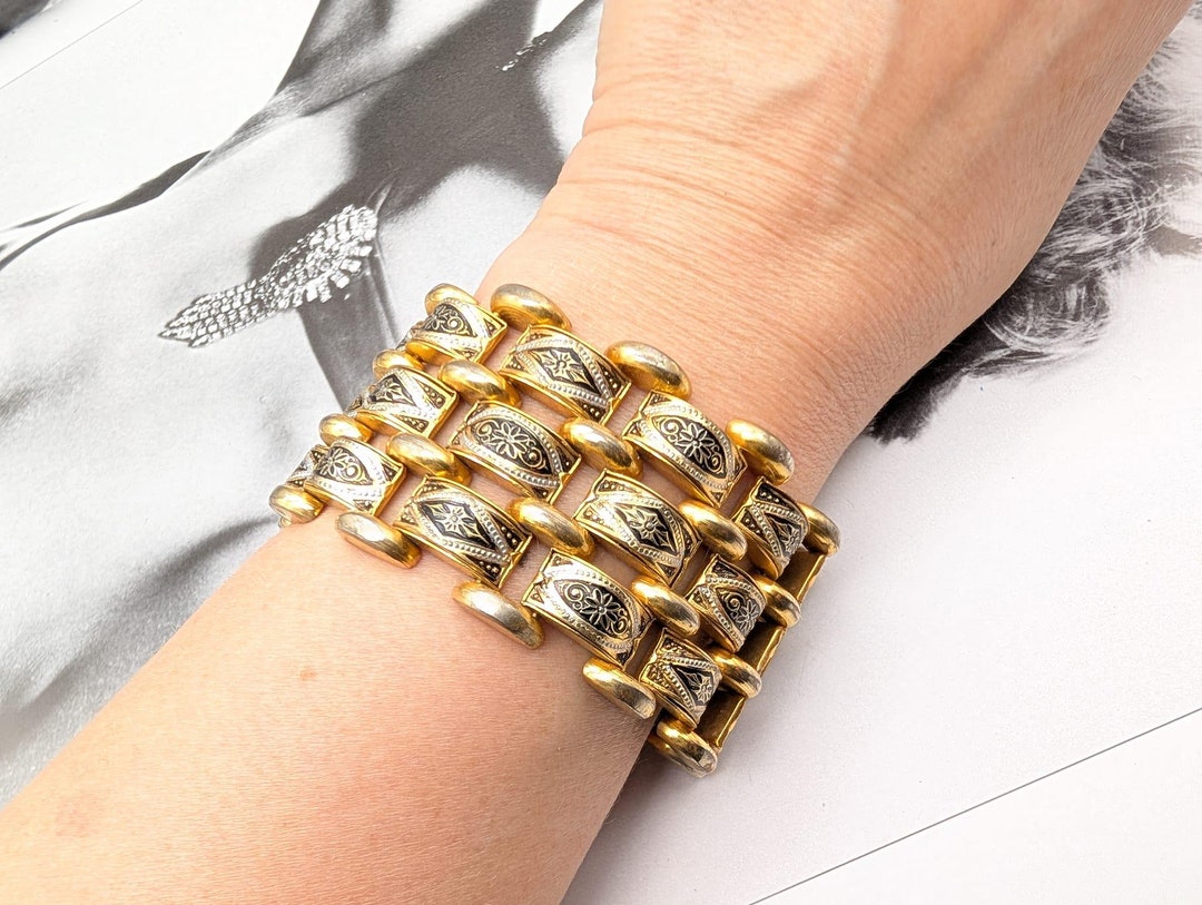 Vintage Damascene Panels Bracelet Gold Plated Hand Crafted Bangles ...