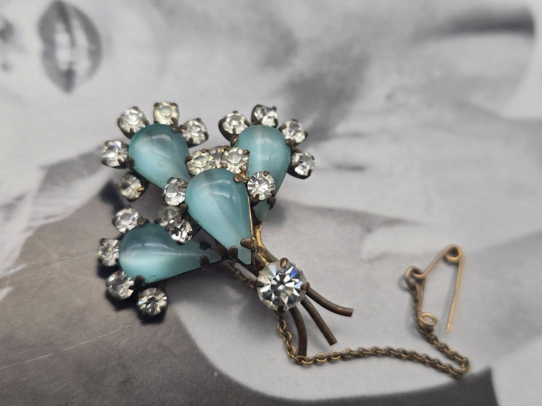 Vintage Czech Style Brooch: Gold Metal, Blue Crystals, Victorian Style ...