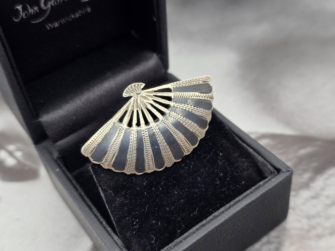 Vintage Siam Sterling Silver Fan Design Brooch, Black Niello Work ...