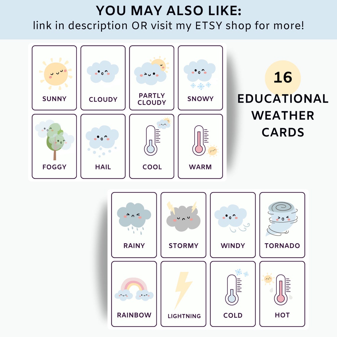 8 Weather Cards Preschool Weather Chart Montessori Flashcards ...