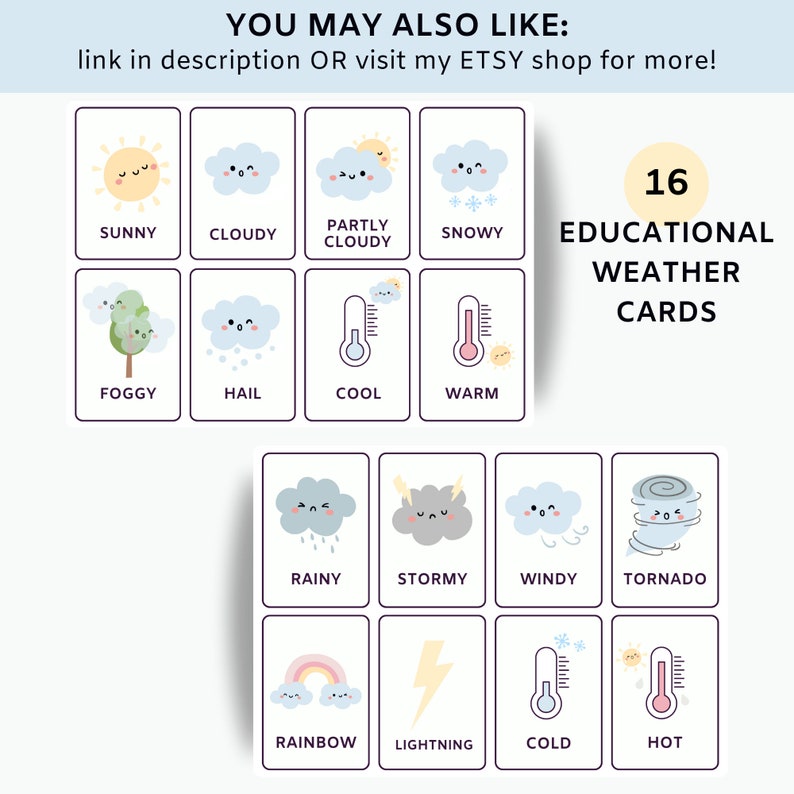 Preschool Weather Flashcards: Montessori Educational Cards (instant ...