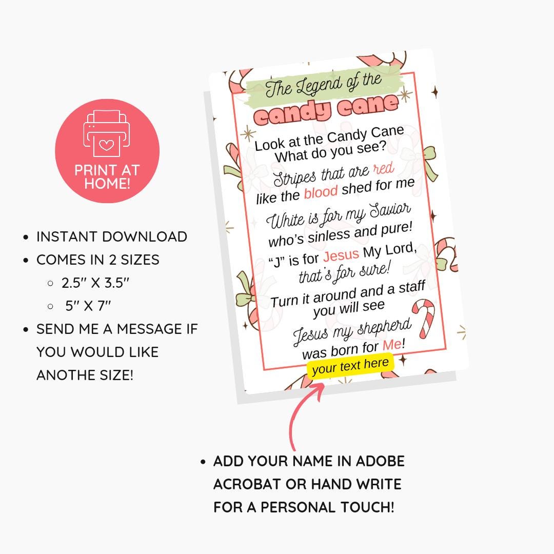 Legend of Candy Cane Printable Gift Tags: Christmas Jesus Poem (digital ...