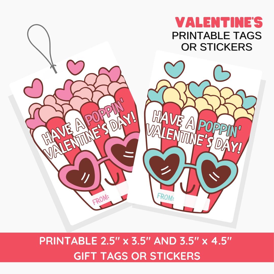 Popcorn Gift Tag, Kids Valentine Cards, Valentine Popcorn Stickers, Boy ...