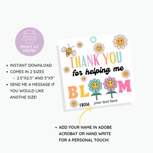 Thank You for Helping Me BLOOM Tags, Teacher Thank You Tag, Plant ...