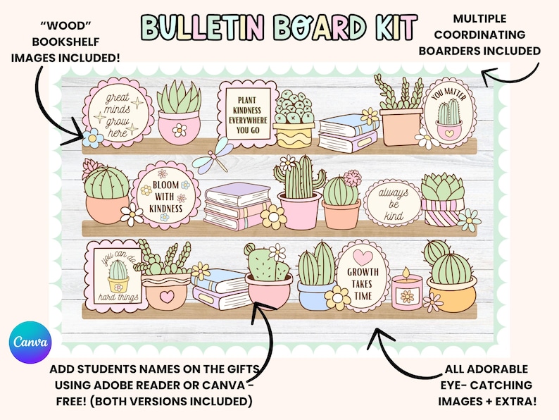 Growth Bookshelf Bulletin Board Kit: Cactus Plant Classroom Decor ...