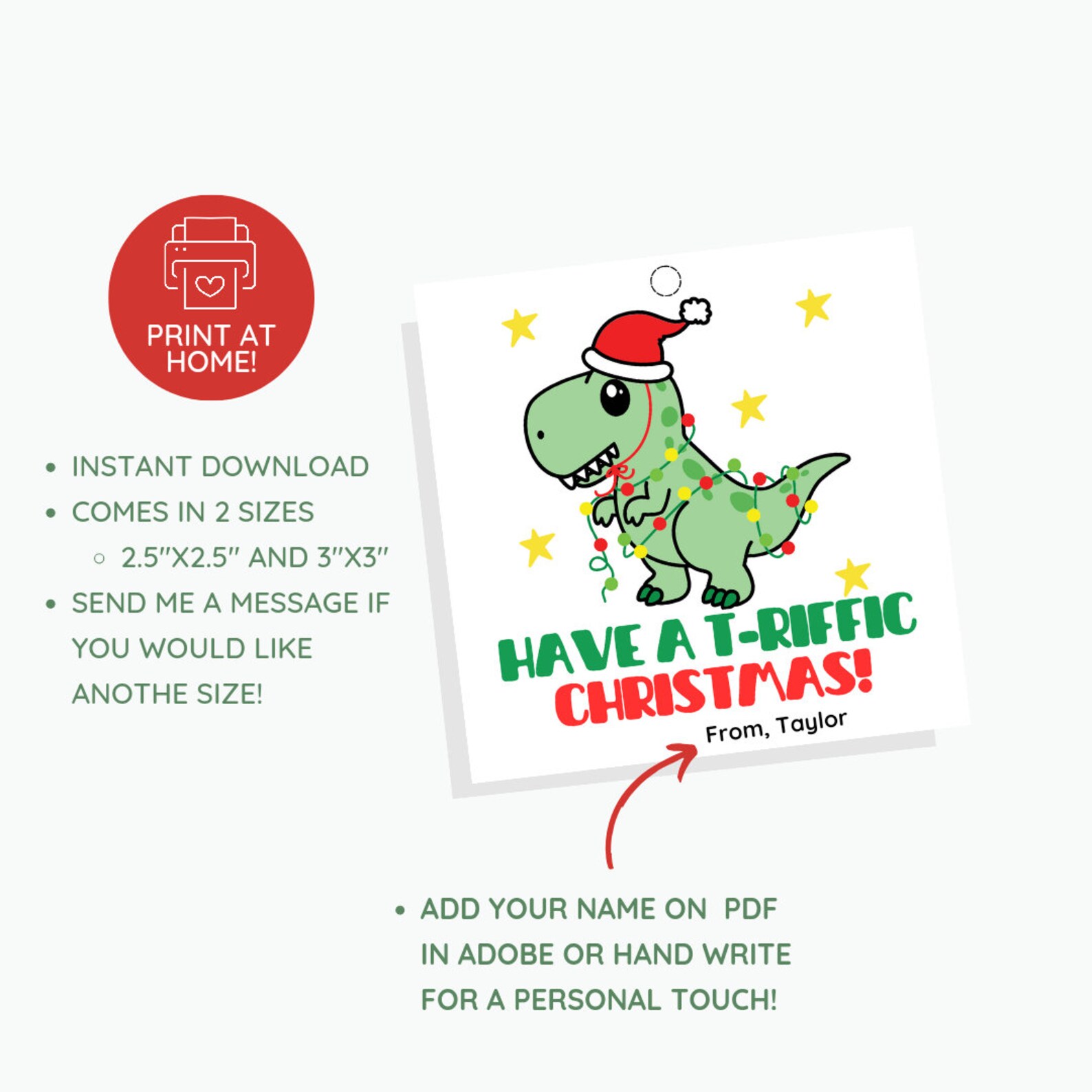 Dinosaur Christmas Gift Tags, Printable Teacher Gift (digital Download ...