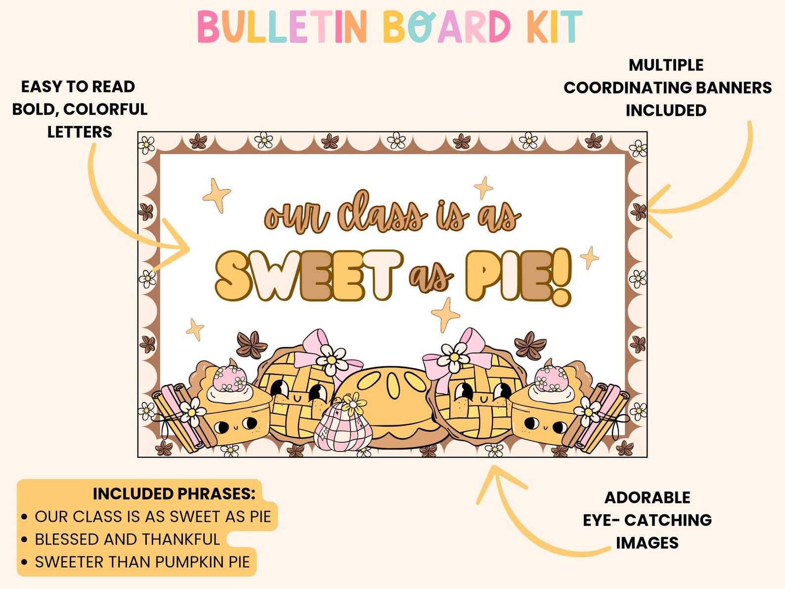 Thanksgiving Bulletin Board Kit: Sweet as Pie Classroom Decor (PDF ...