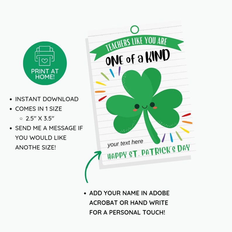Printable Happy St Patricks Day Gift Tag, St Patricks Day TEACHER Treat ...