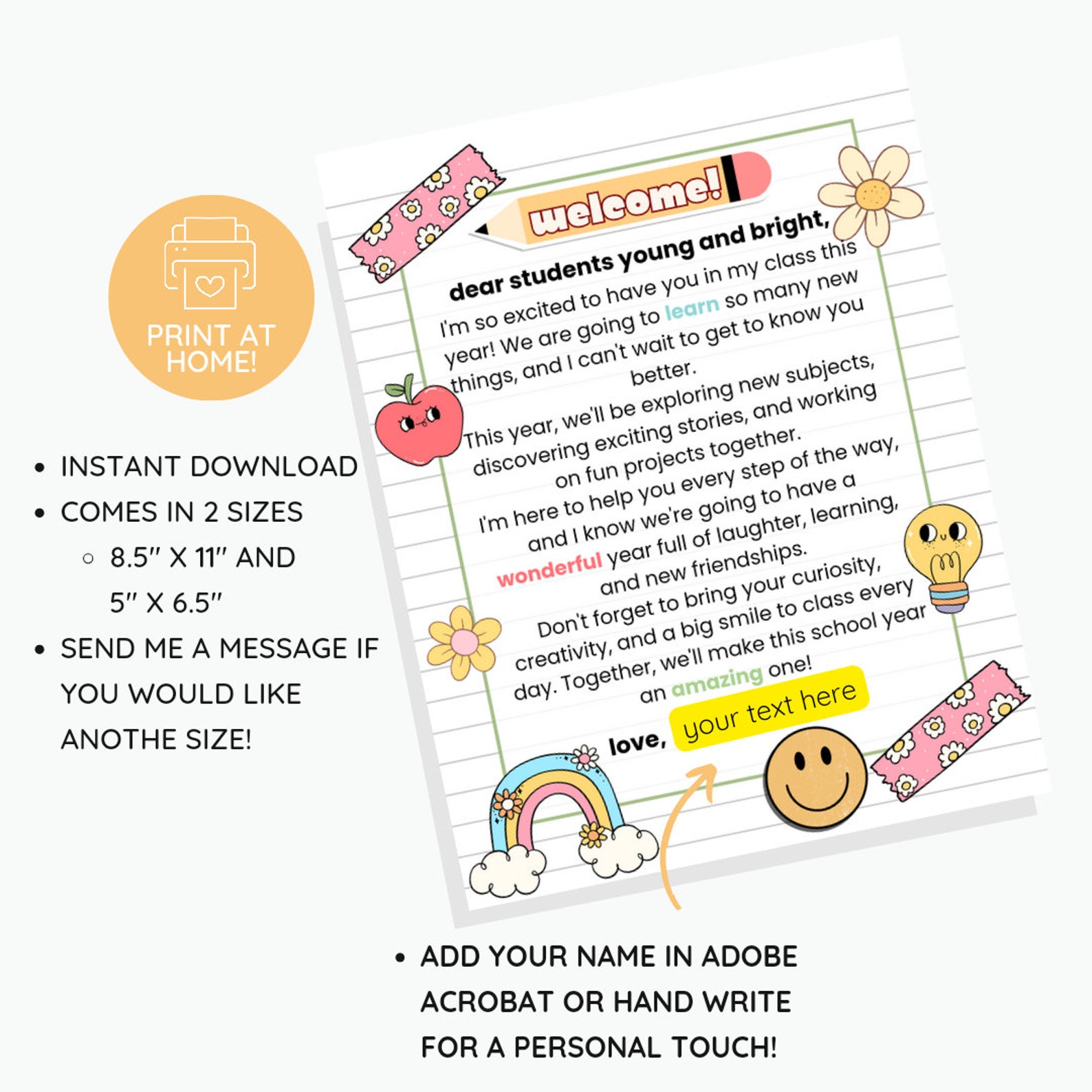 Welcome Letter From Teacher: First Day of School Gift (PDF) - Etsy
