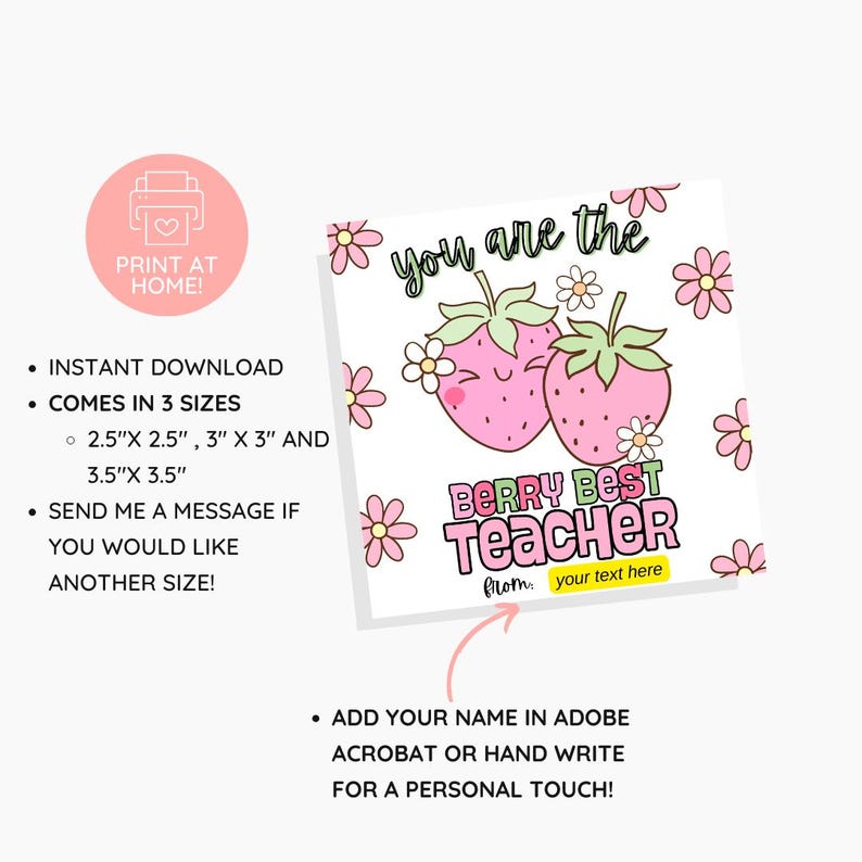 Strawberry Teacher Gift Tag, Appreciation Cookie Tag (printable) - Etsy