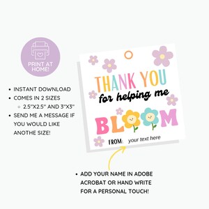 Teacher Appreciation Gift Tags: Thank You for Helping Me Bloom (PDF) - Etsy