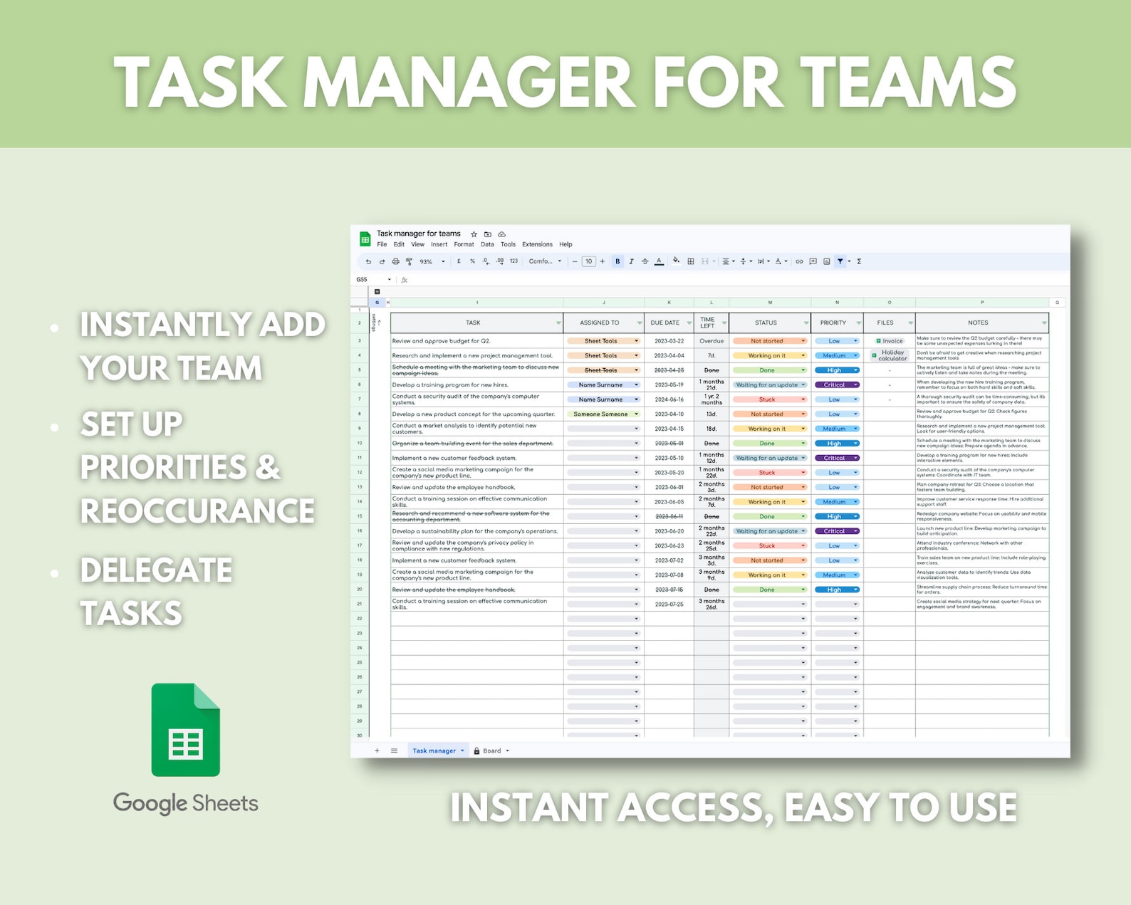 Team Task Manager: Automated Priorities, Recurring Tasks (google Sheet ...