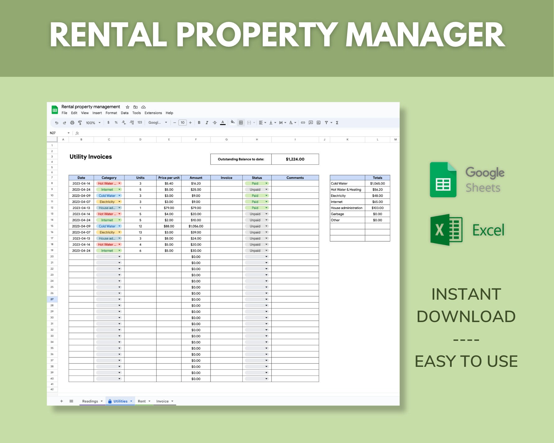 Rent Manager | Rental Property Spreadsheet | Property Manager | Rent ...