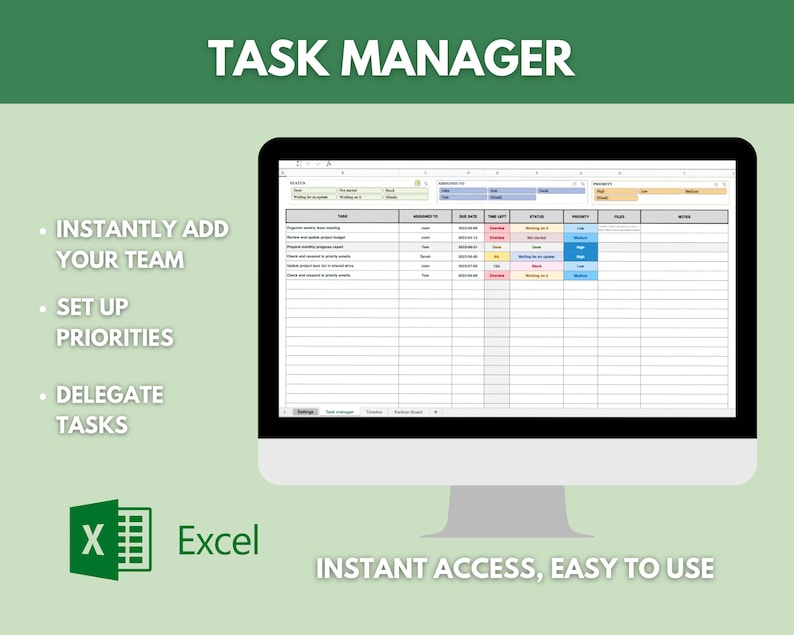 Team Task Manager: Excel Template With Kanban Board - Etsy