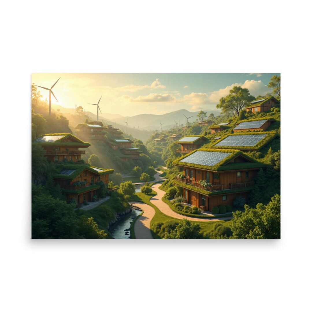 Solarpunk Mountain Village Wall Art, Eco Utopia Print, Green Energy ...