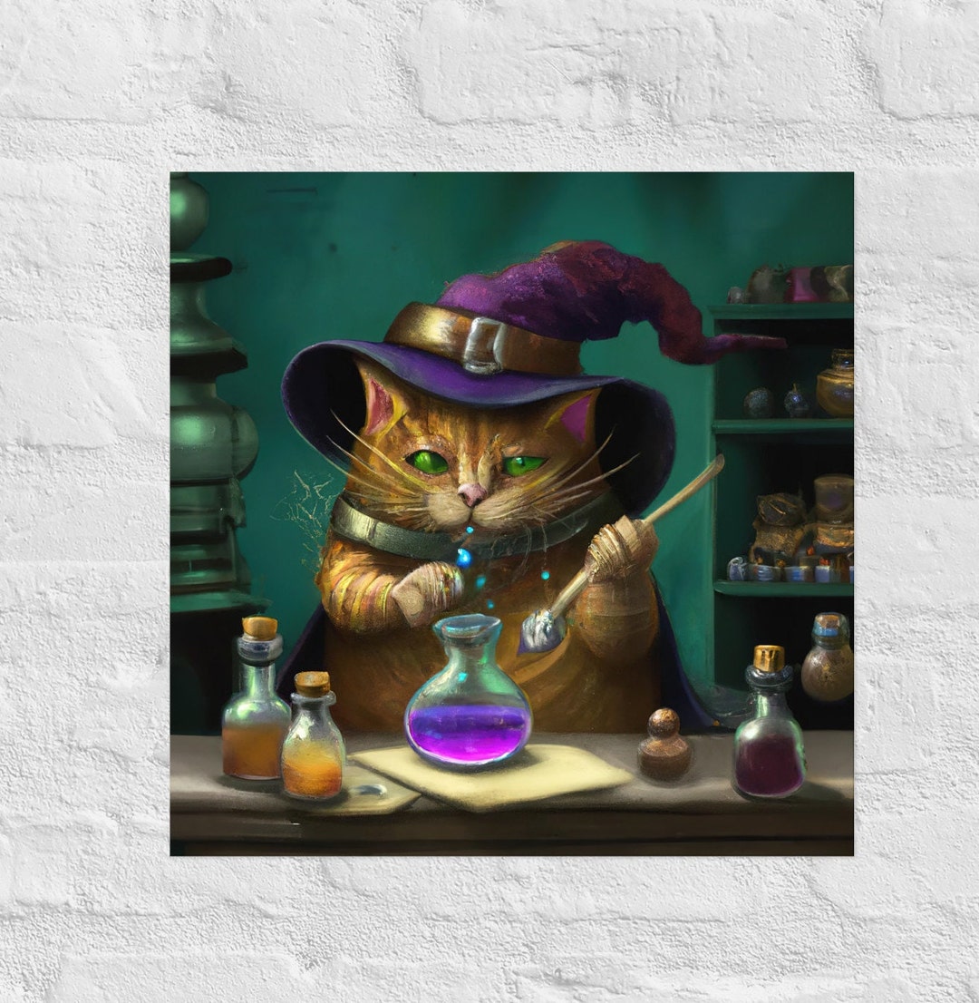 Cat Wizard Mixing Potions, Unframed Matte Poster - Etsy