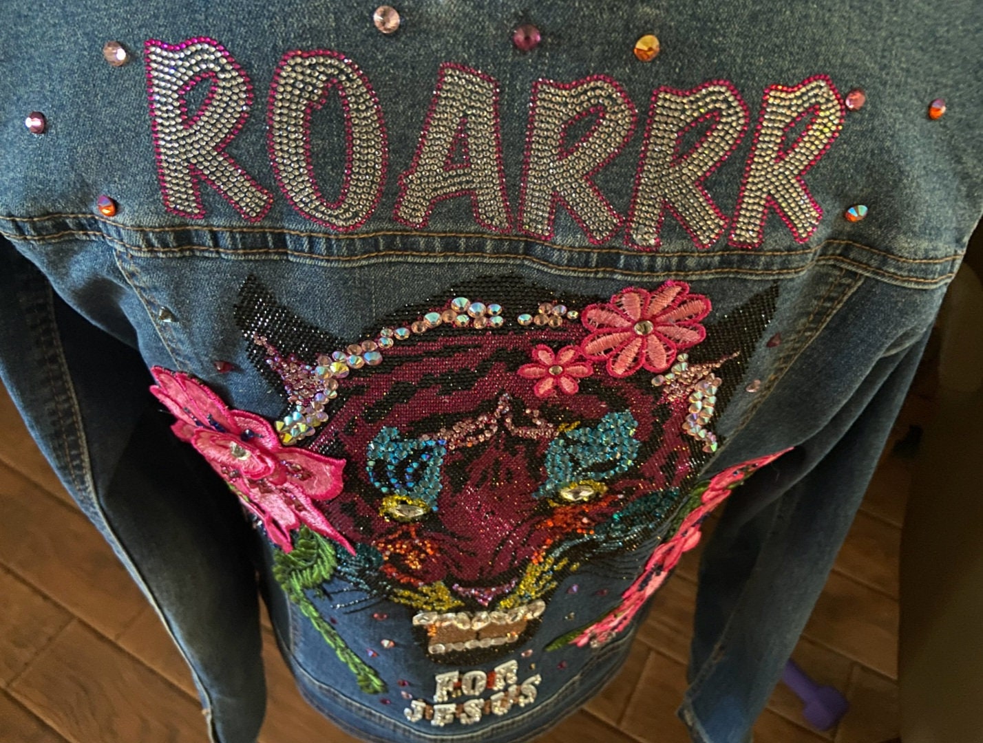 Custom-made Pink Tiger Jesus Bedazzled Denim Jacket - Etsy