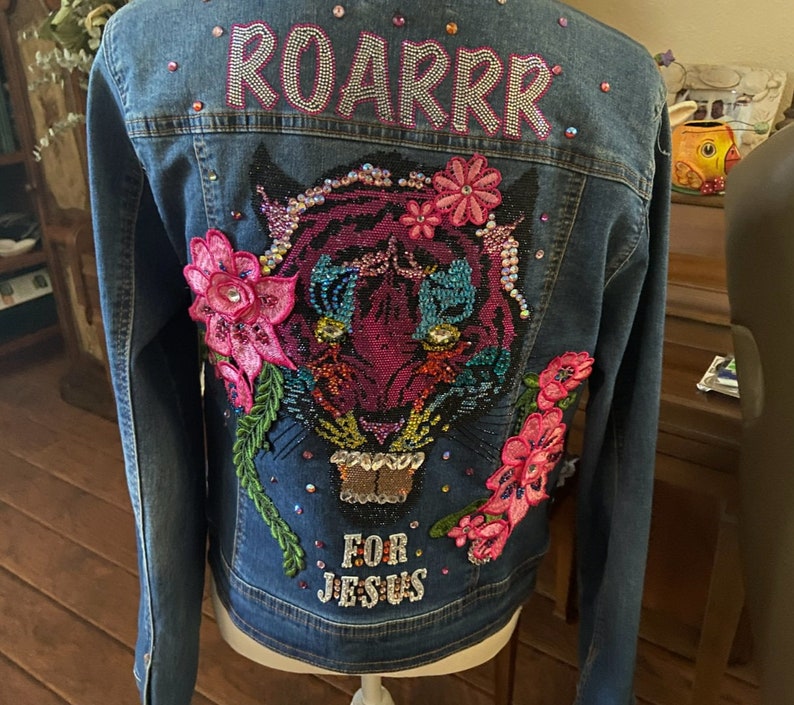 Custom-made Pink Tiger Jesus Bedazzled Denim Jacket - Etsy