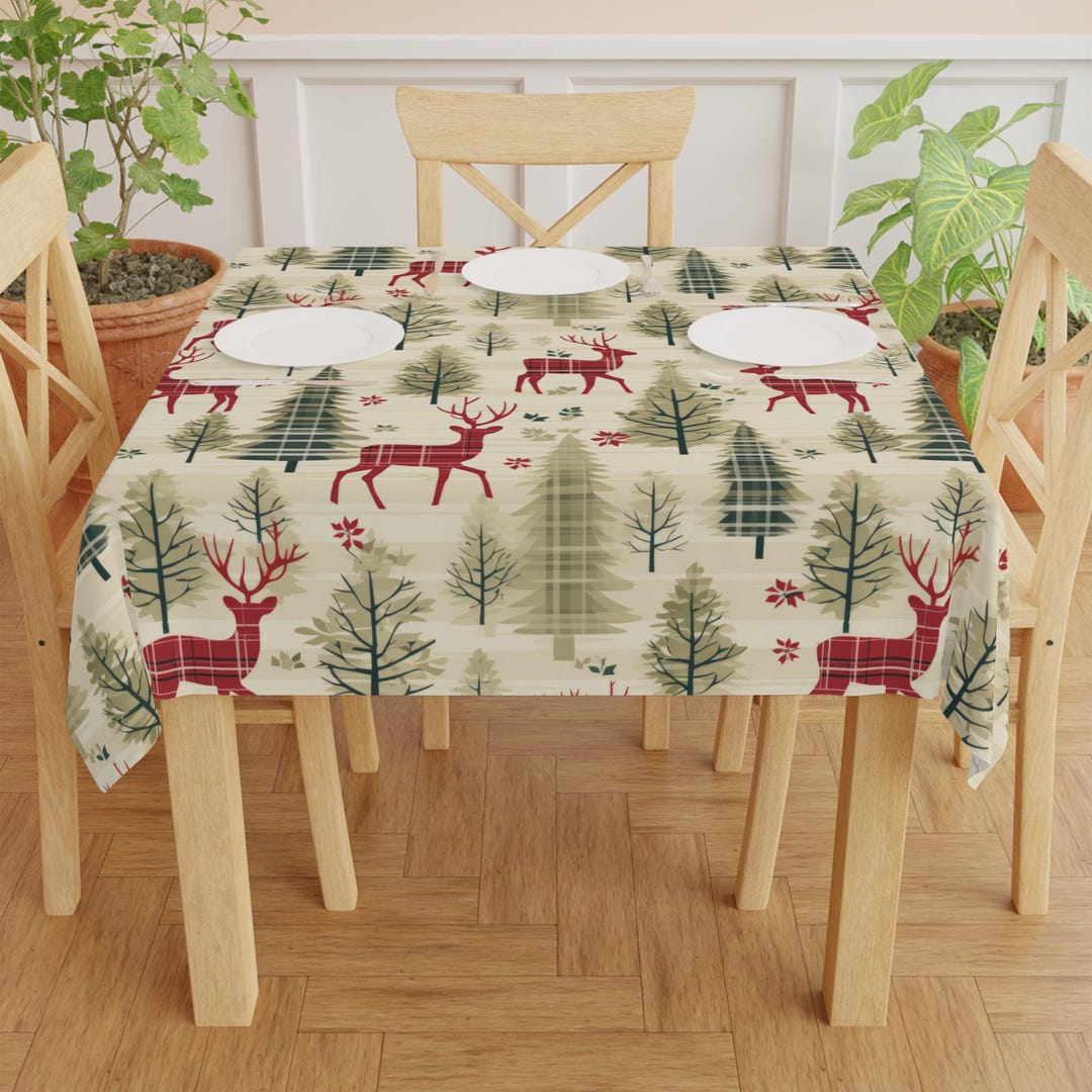 Primitive Deer Christmas Trees Tablecloth, Christmas Decor, Winter ...