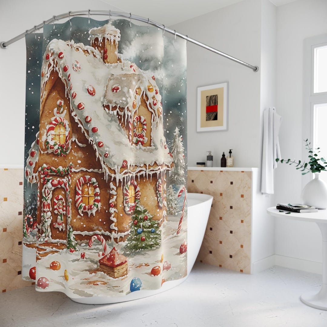 Gingerbread House Christmas Shower Curtain, Bath Curtain, Winter Decor ...