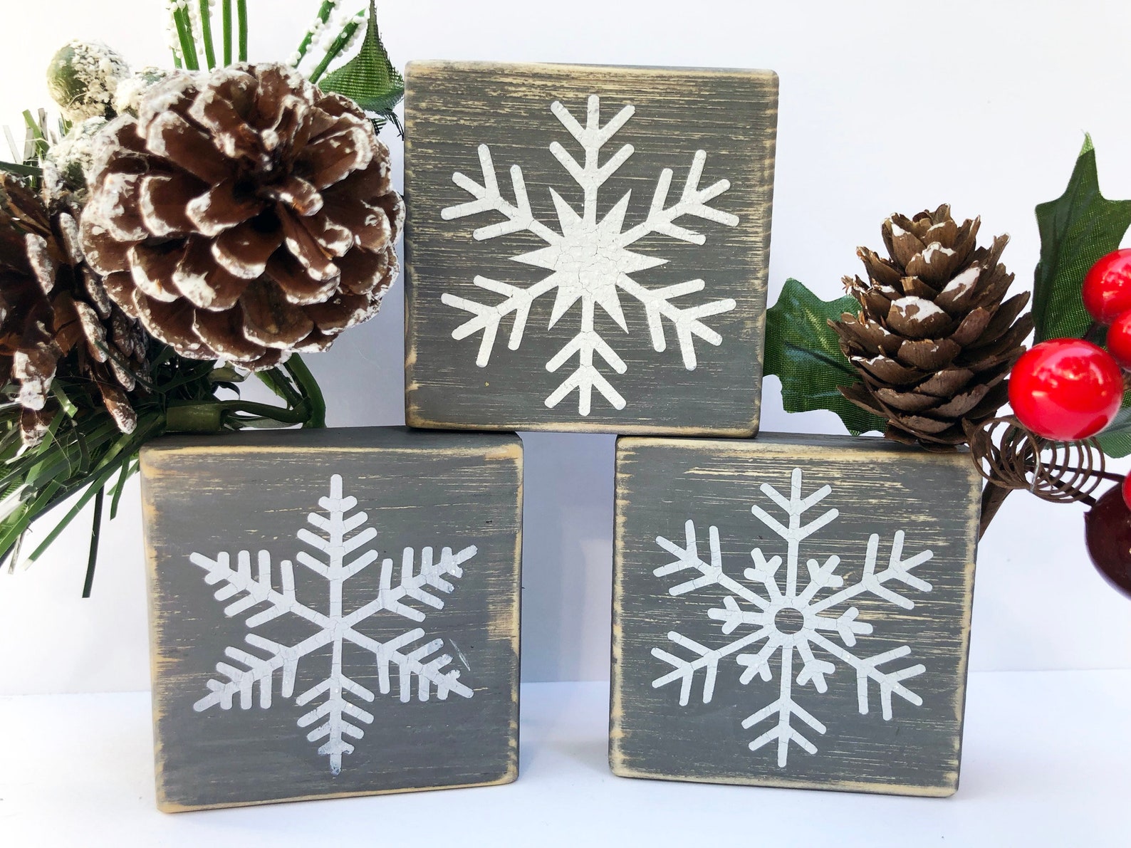 Rustic Farmhouse Snowflake Mini Wood Blocks Set of 3 - Etsy
