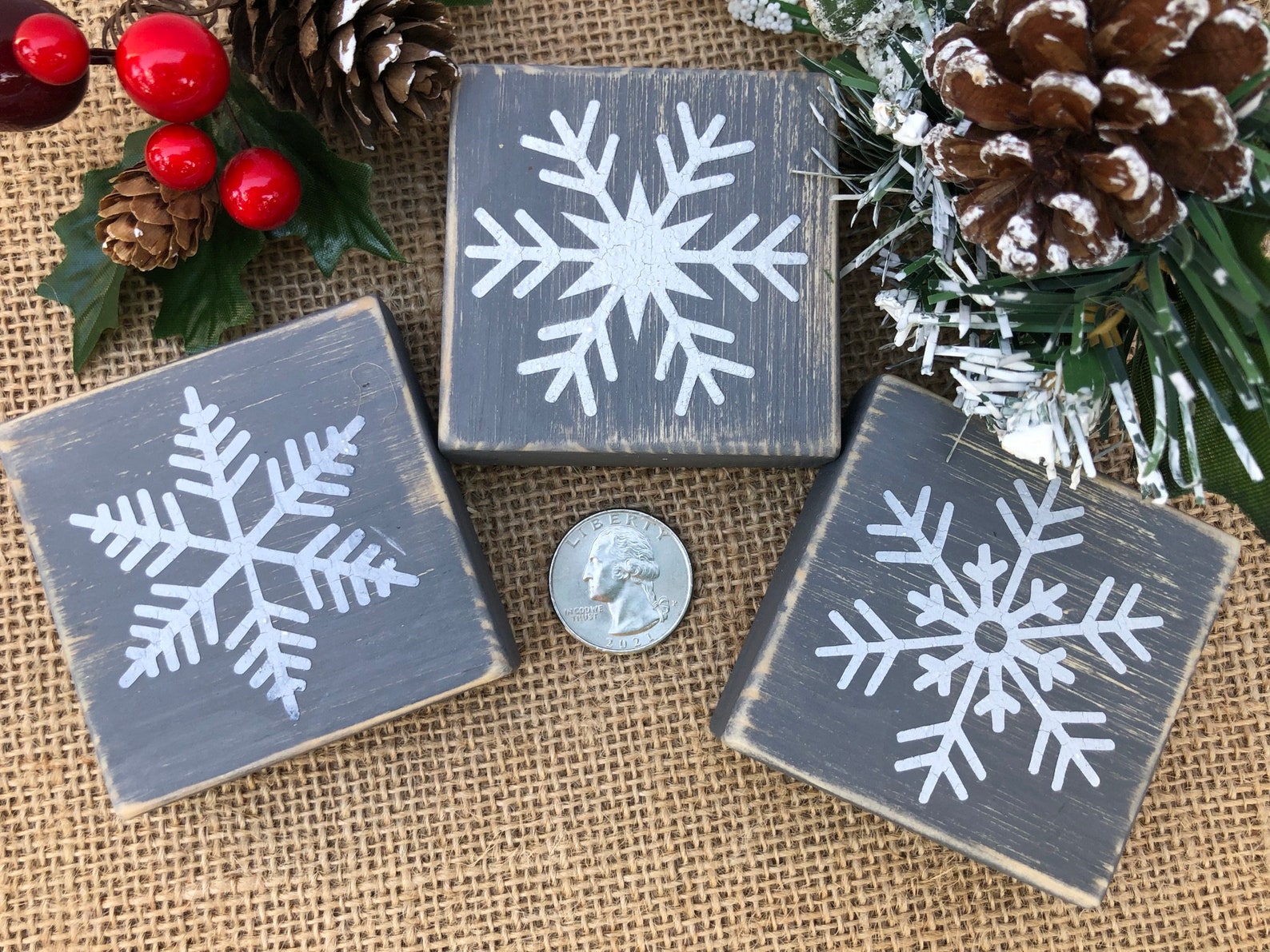 Rustic Farmhouse Snowflake Mini Wood Blocks Set of 3 - Etsy