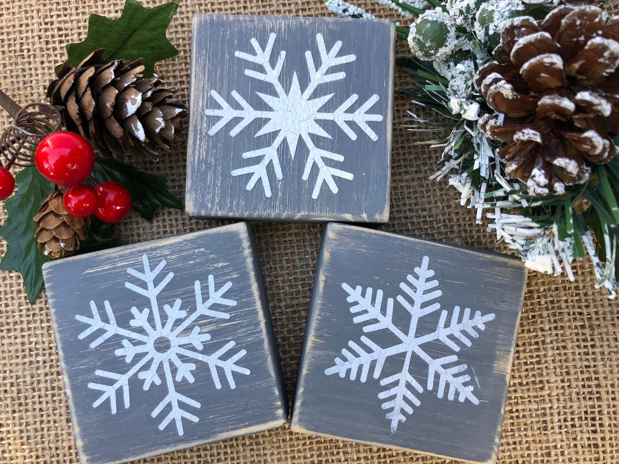 Rustic Farmhouse Snowflake Mini Wood Blocks Set of 3 - Etsy