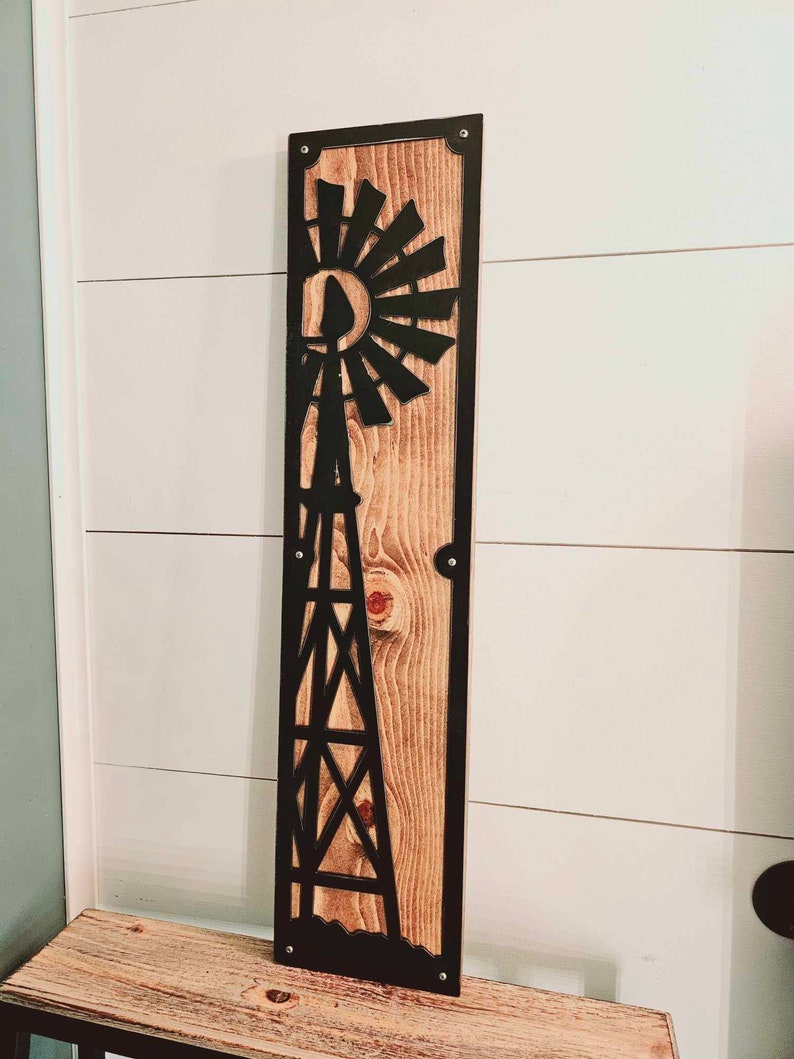 Wire Brushed Rustic Metal Farmhouse Windmill With Wood Backing | Metal ...