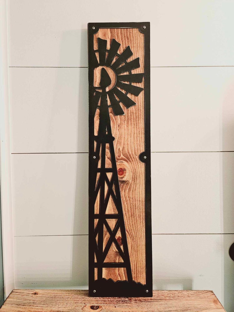 Wire Brushed Rustic Metal Farmhouse Windmill With Wood Backing | Metal ...