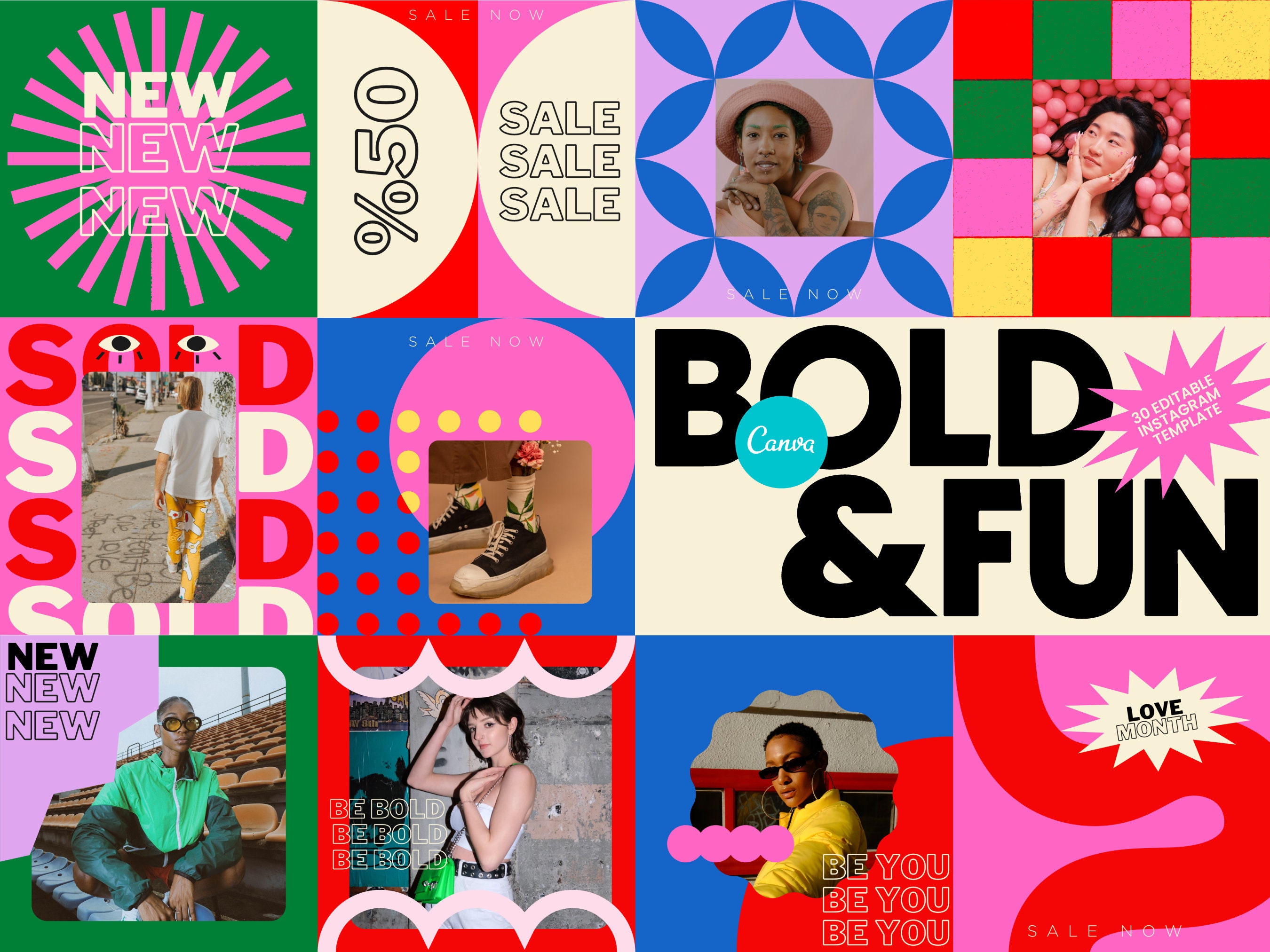 BOLD & FUN Instagram POST Templates for Canva, Colorful Bright Branding ...