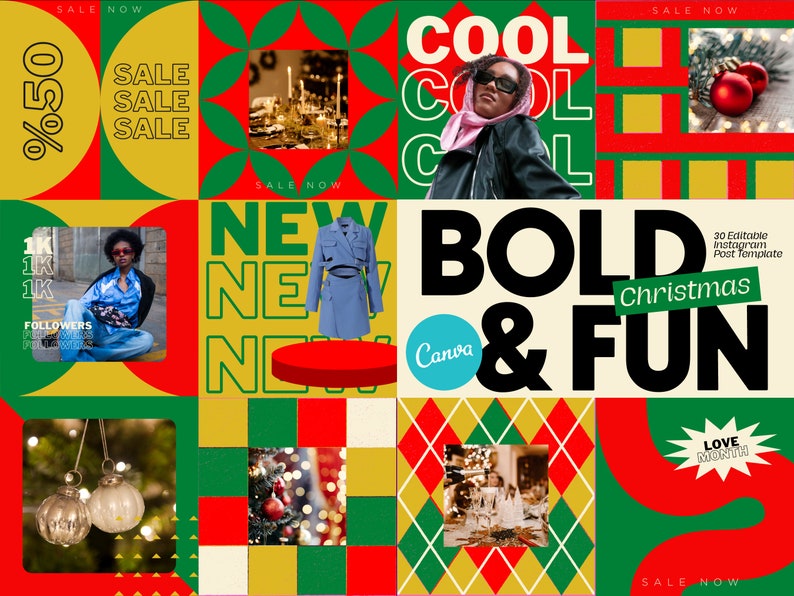 BOLD & FUN Christmas Instagram POST Templates for Canva, Bright ...