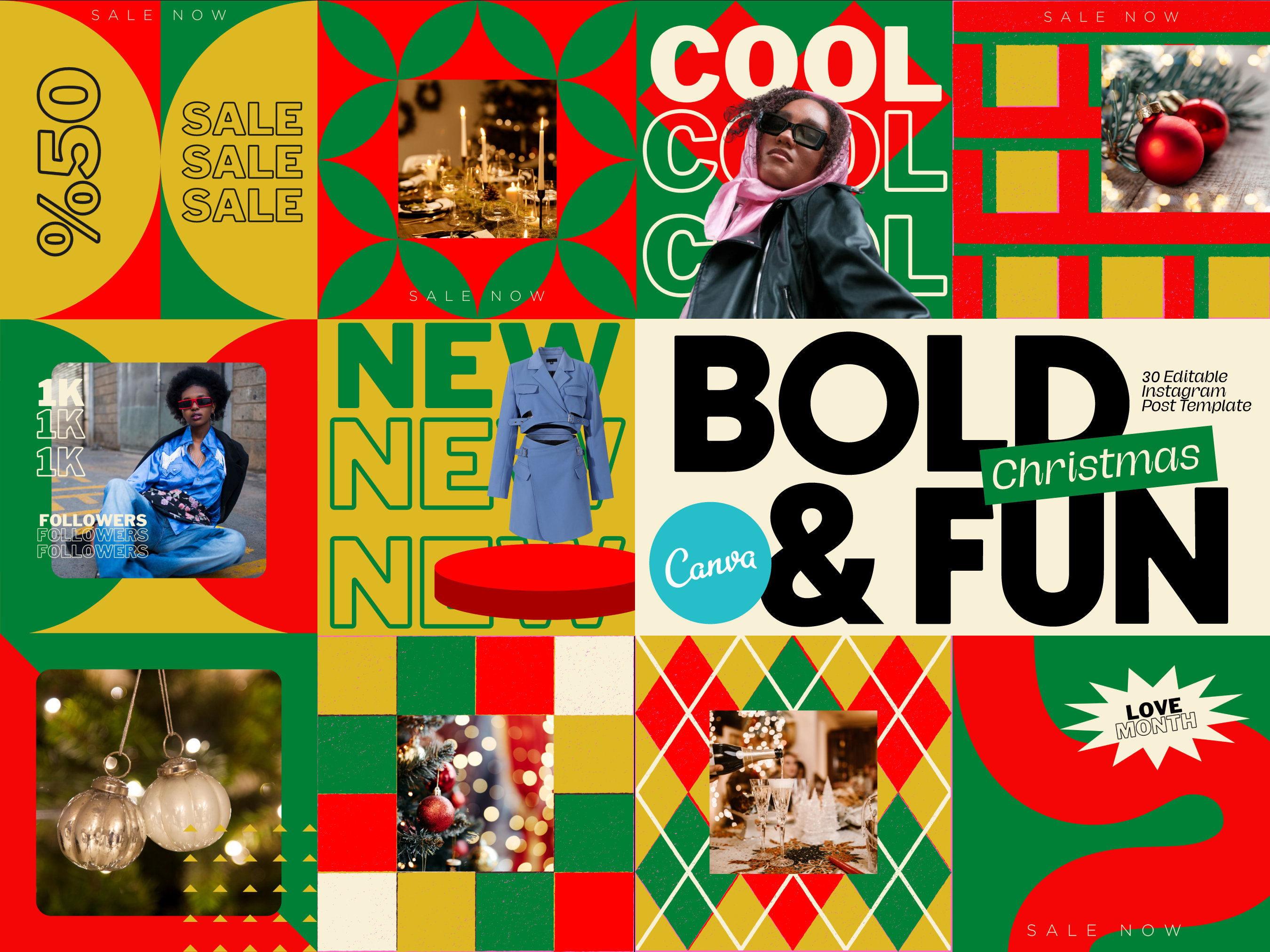 BOLD & FUN Christmas Instagram POST Templates for Canva, Bright ...