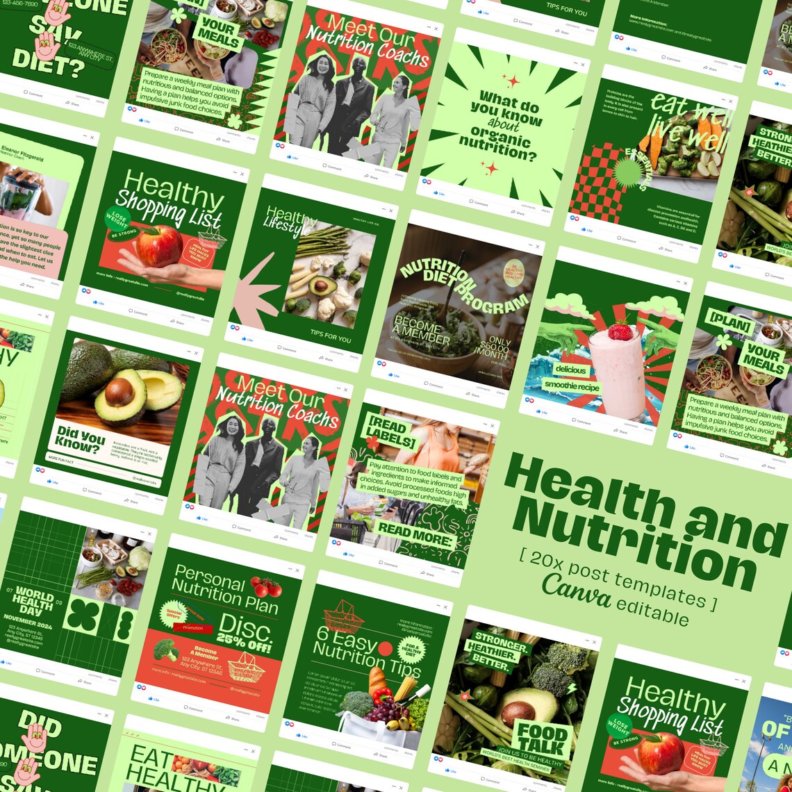 Bold Health & Nutrition Instagram Post Templates Health and Wellbeing ...