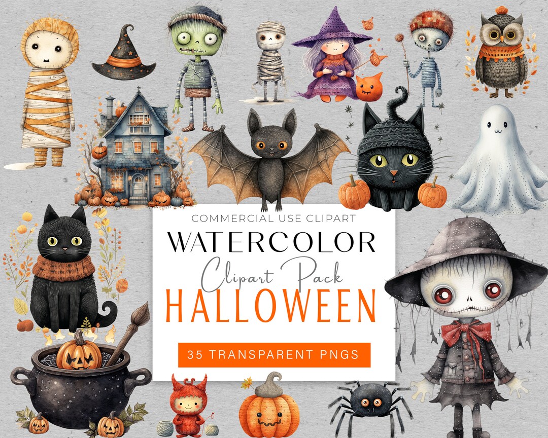 Spooky Halloween Watercolor Clip Art Set 35 Handcrafted Designs Instant ...