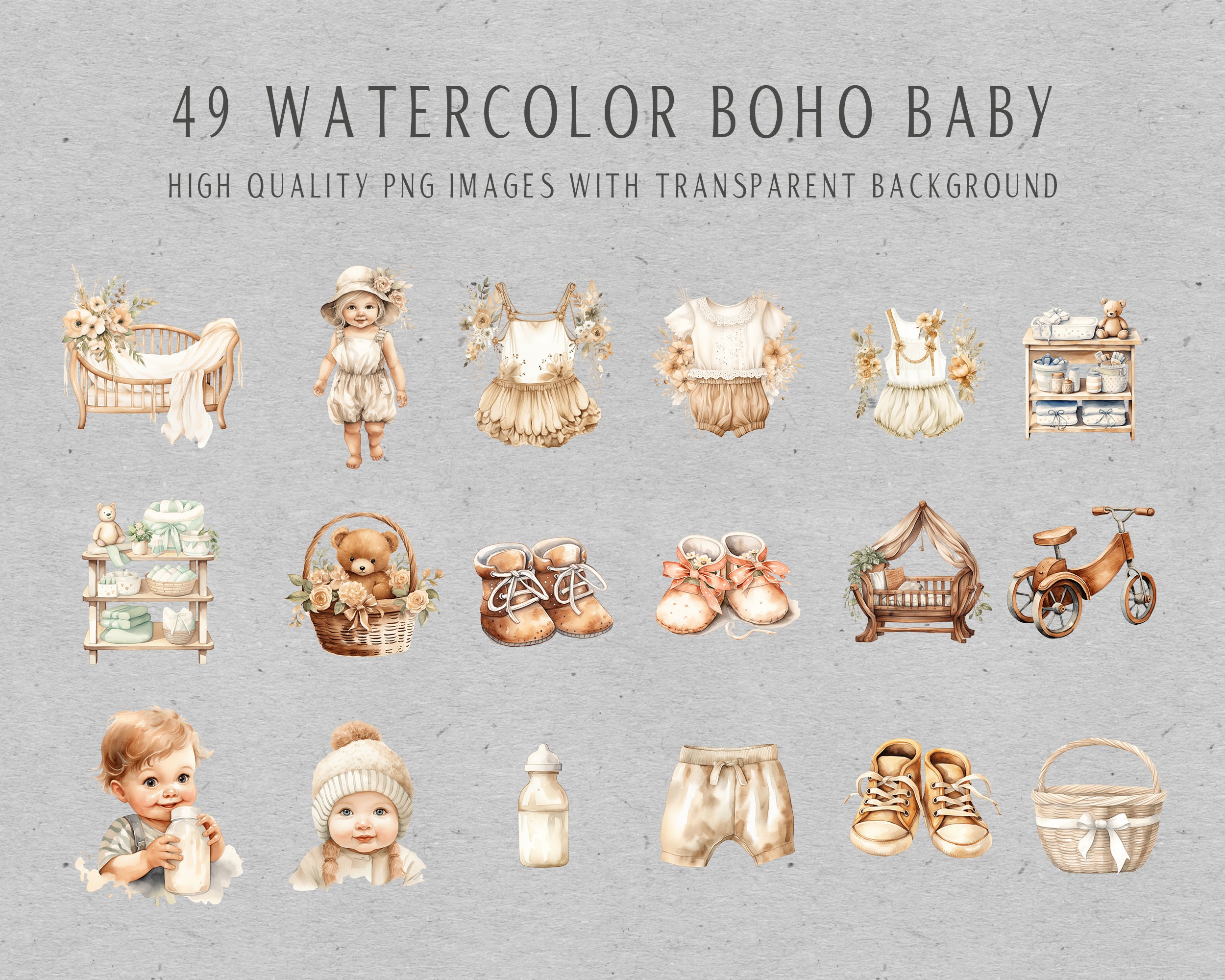 Boho Baby Clothes Clipart, Nursery Wall Art Watercolor Clip Art ...