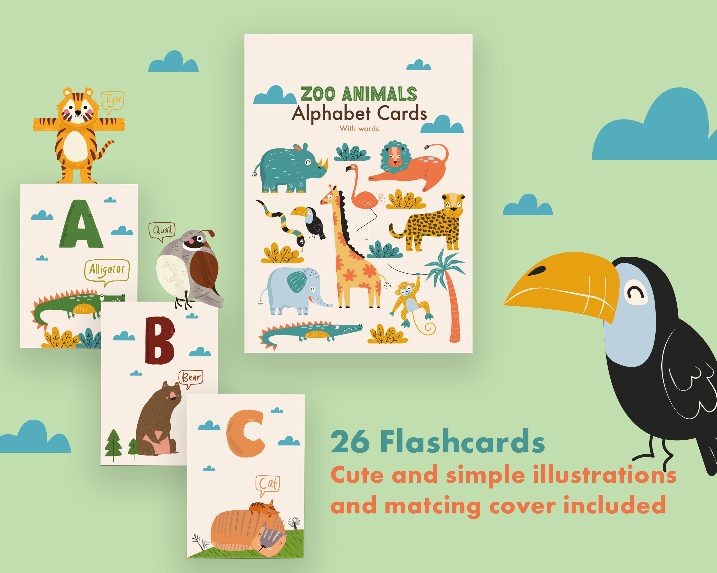 Zoo Flash Cards Homeschool Printable Wall Art Alphabet Learning Nursery ...