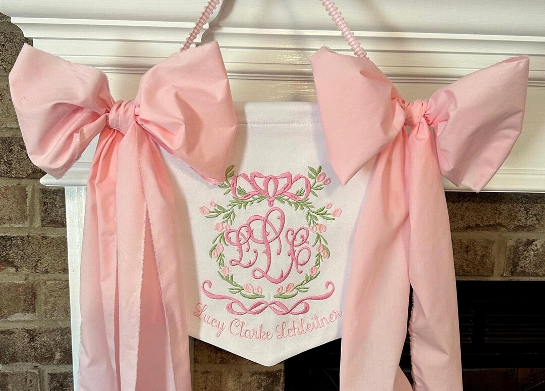 Custom Embroidery Baby Banner: Floral Crest, Fabric Bows, Girl Birth ...