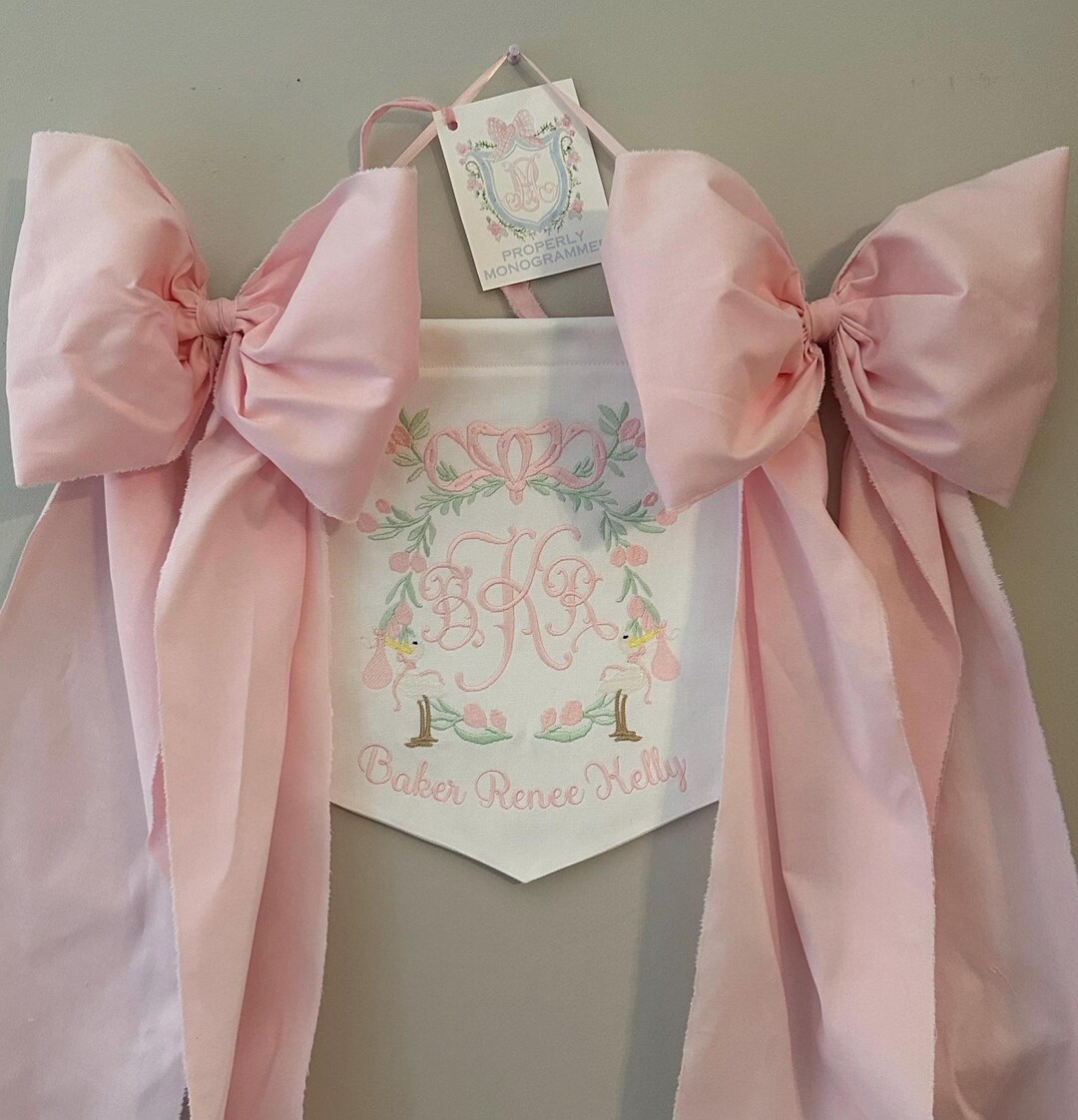Embroidered Stork Baby Banner: Girl Birth Announcement, Hospital Door ...