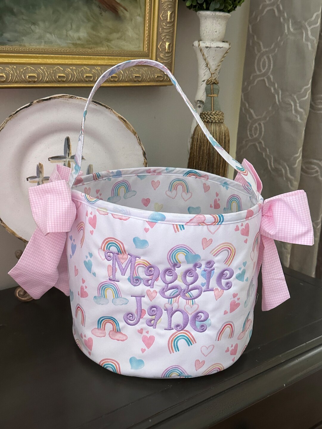 Rainbow Basket, Monogram Basket, Pink Nursery Gingham, Ruffle Basket ...