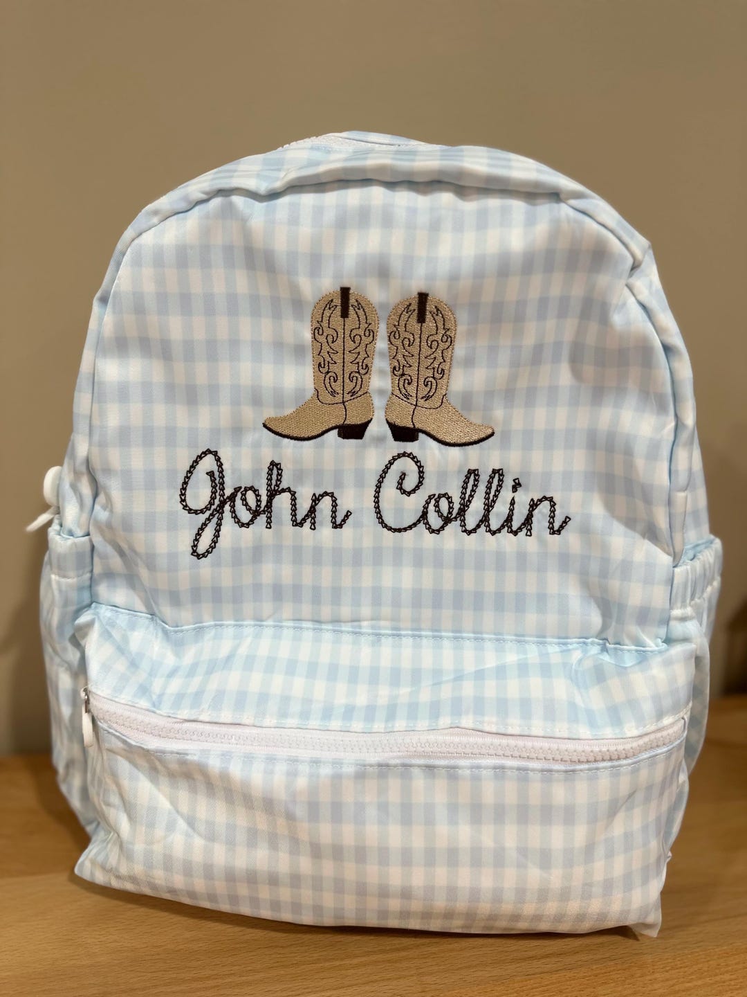 Embroidered Blue Gingham Backpack Set: Personalized Cowboy Boots Boy ...