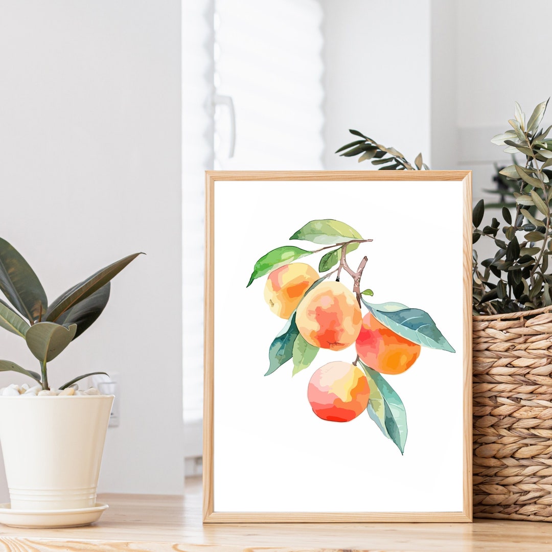 Colorful Peach Watercolor Digital Print, Peach Fruit Brach, Printable ...