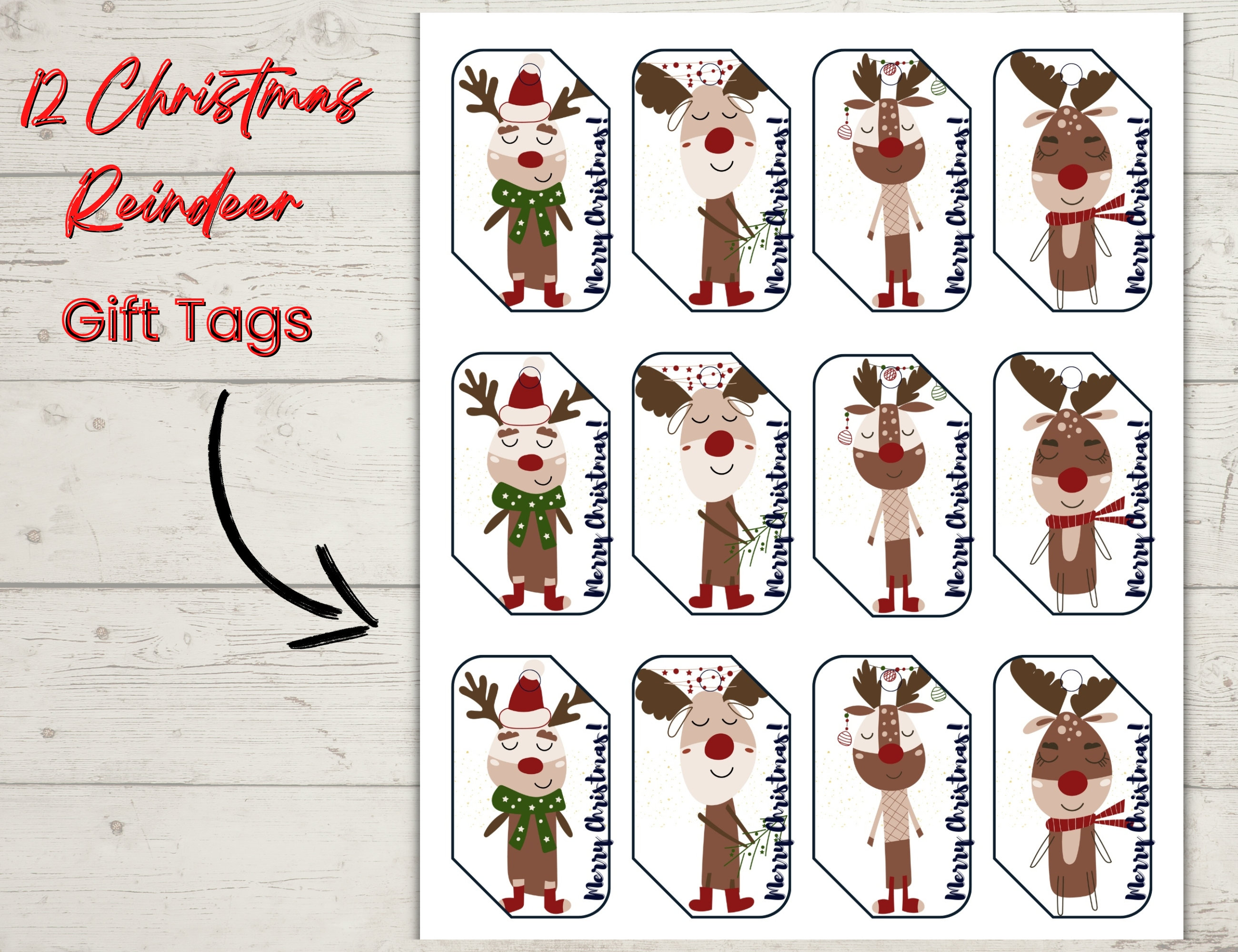 Christmas Gift Tag Printable, Christmas Reindeer, Gift Tags, Digital ...