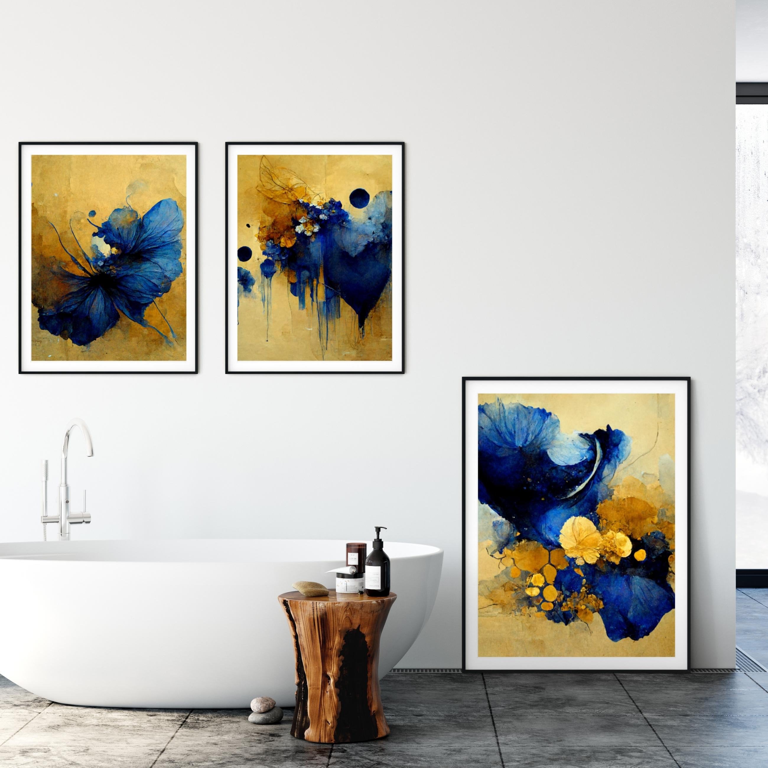 Wall Art Printable Blue and Mustard, Abstract Printable Set of 3 ...