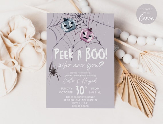 Peek A Boo Halloween Gender Reveal Invite Template Etsy