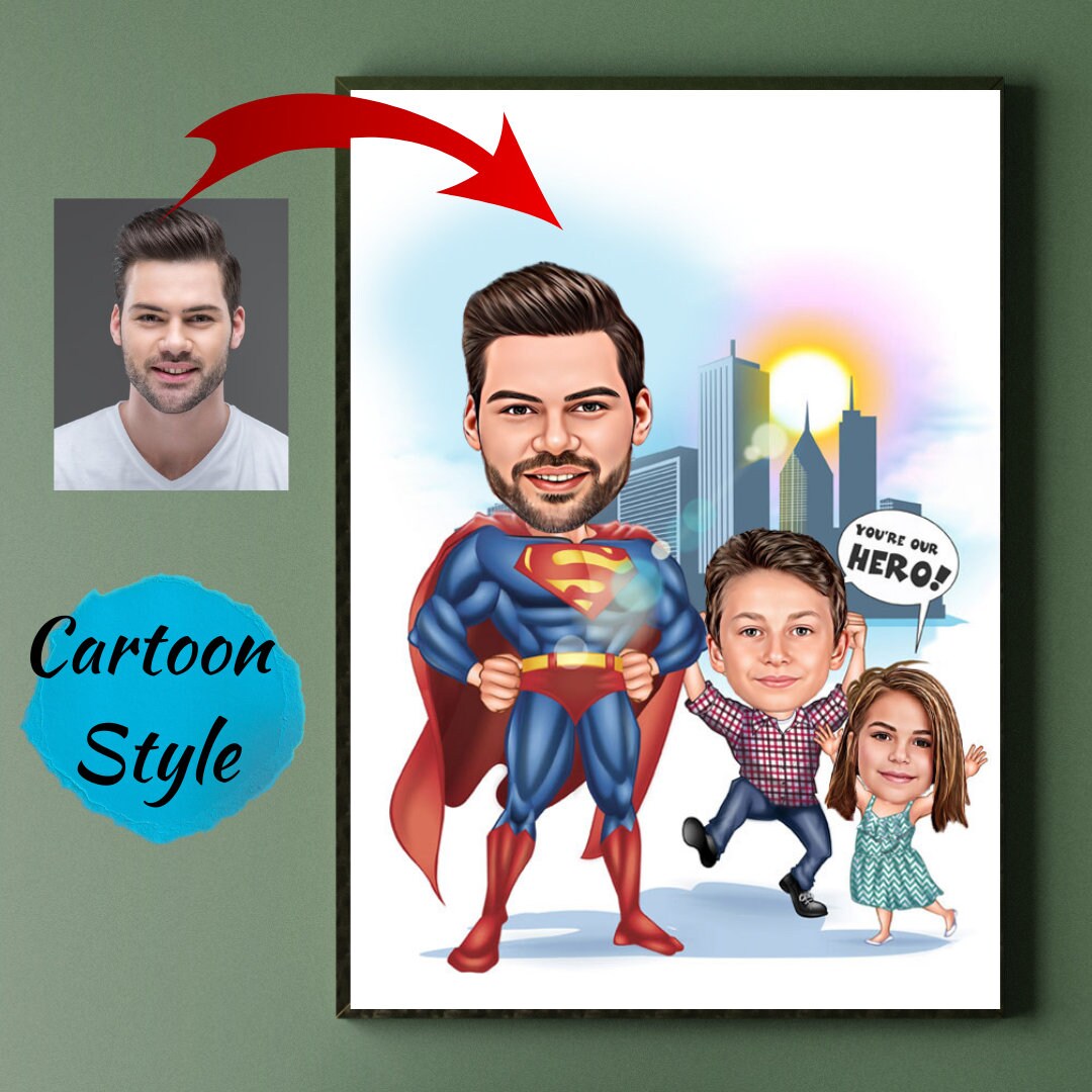 Custom Dad and Son Superhero Cartoon Portrait, Superhero Portrait, Gift ...
